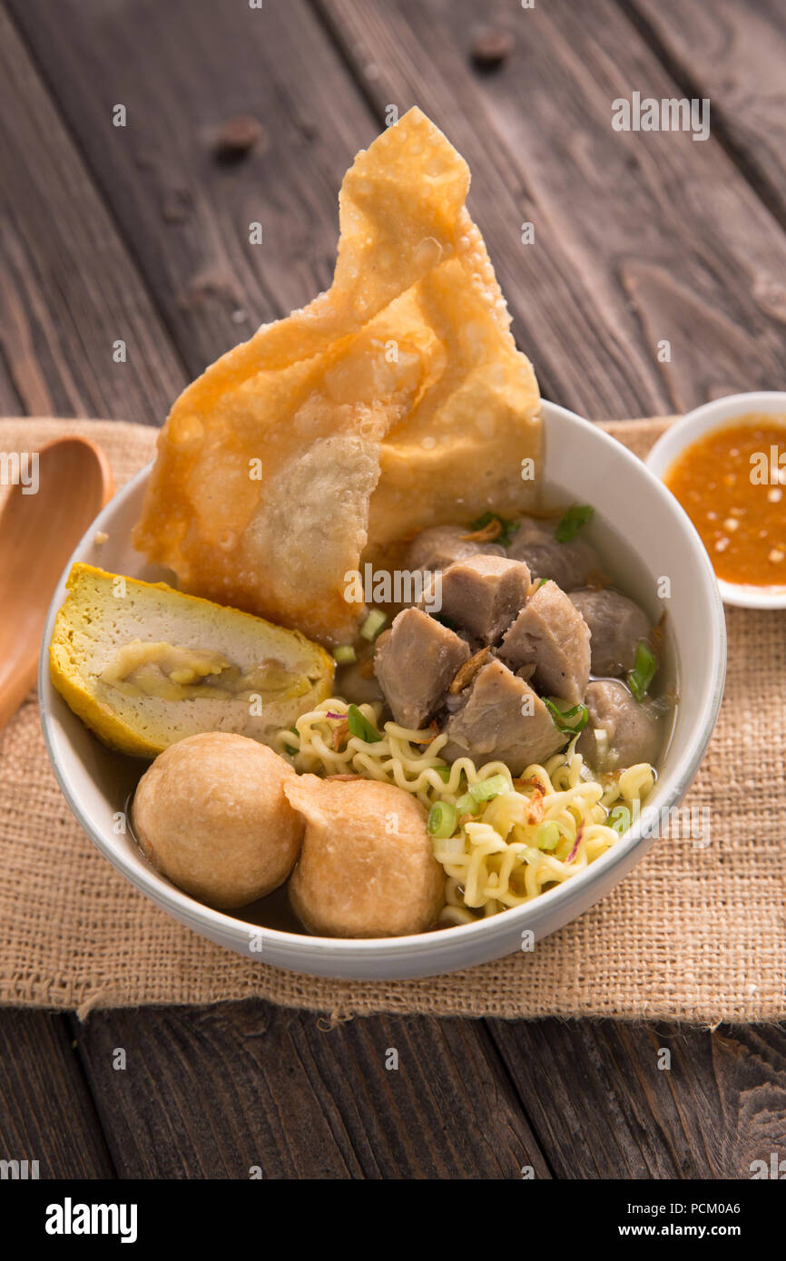 bakso. indonesian beef meatball served with noodle and tofu Stock Photo ...