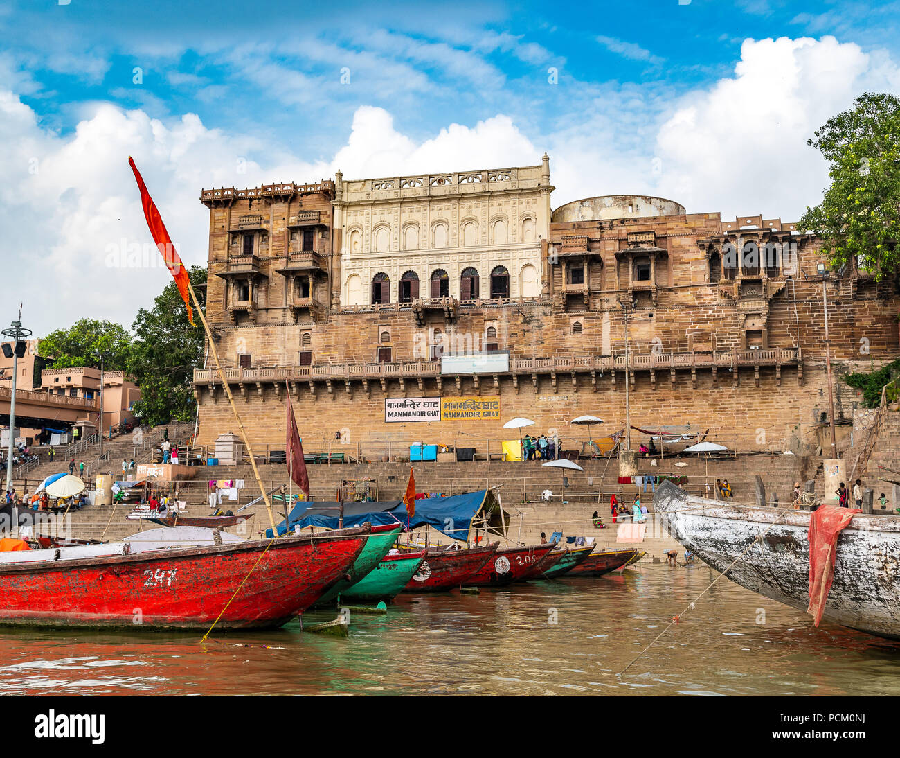 A view from River Ganges of Old Historical Varanasi city with weathered ...
