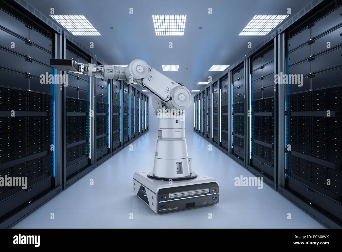 3d rendering robot arm works in server room Stock Photo - Alamy
