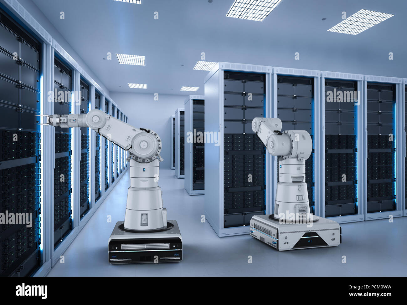 3d rendering robot arms work in server room Stock Photo - Alamy