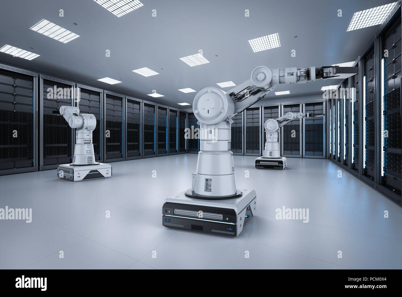 3d rendering robot arms work in server room Stock Photo - Alamy