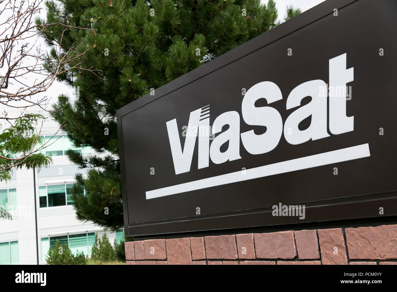 A logo sign outside of a facility occupied by Viasat Inc., in Englewood ...