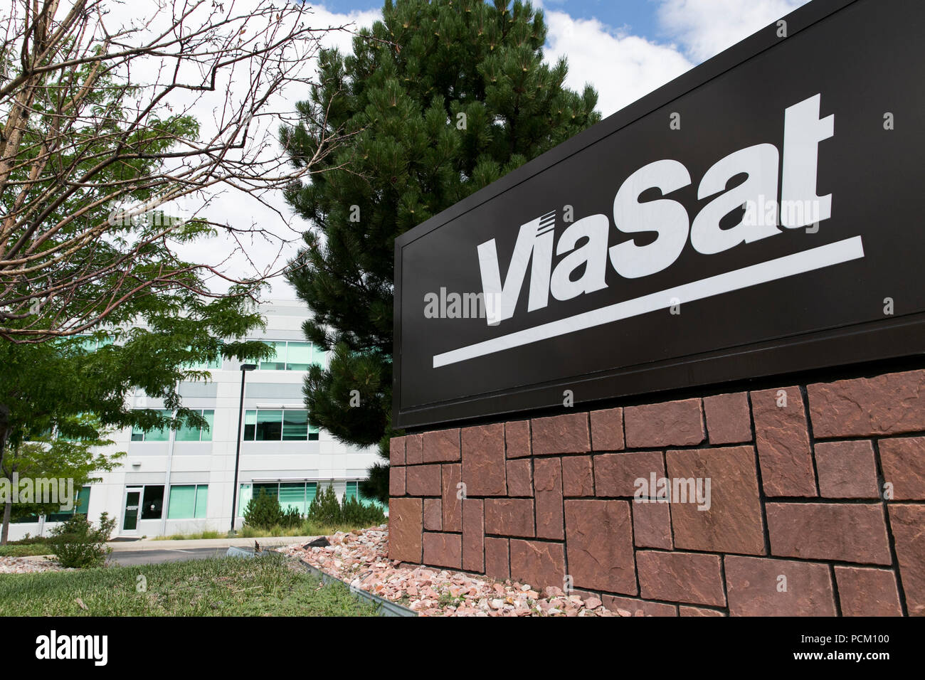 A logo sign outside of a facility occupied by Viasat Inc., in Englewood ...