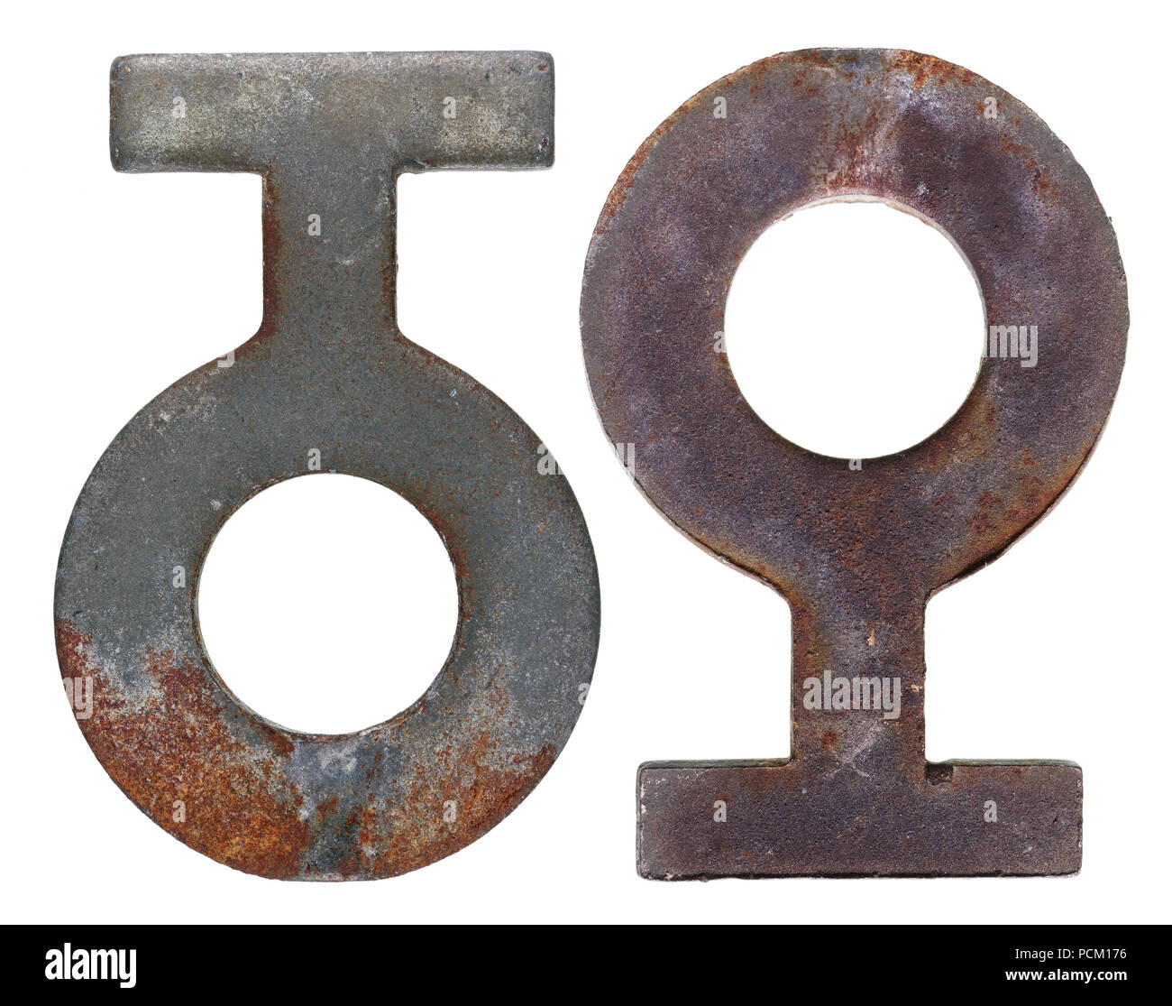Rusty retro vintage iron hook for clothesline. Isolated on white macro ...