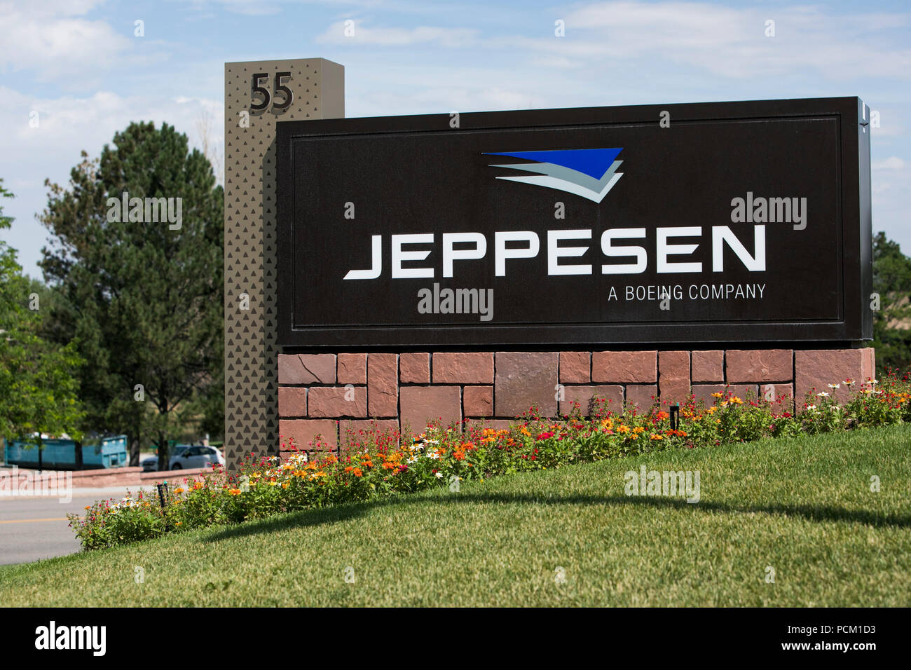 A logo sign outside of the headquarters of Jeppesen in Englewood ...