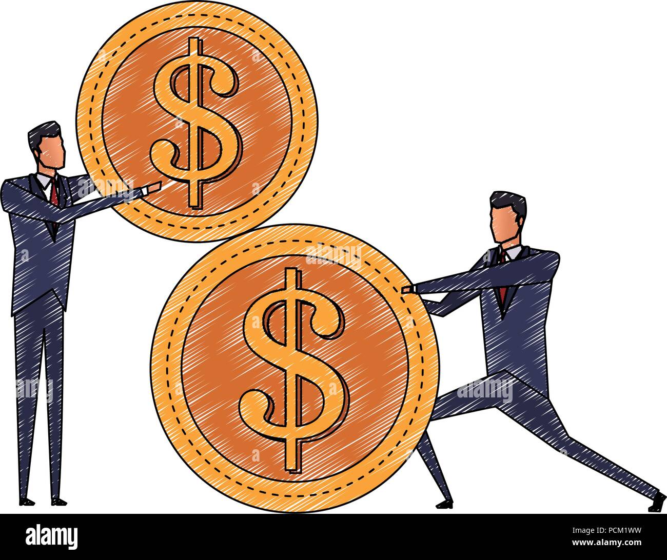 Businessmens pushing and holding a coin scribble Stock Vector Image ...
