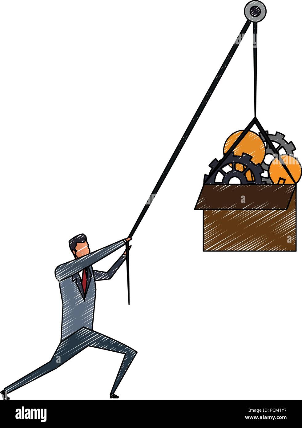 Businessman pulling box with gears and bulb inside scribble Stock ...
