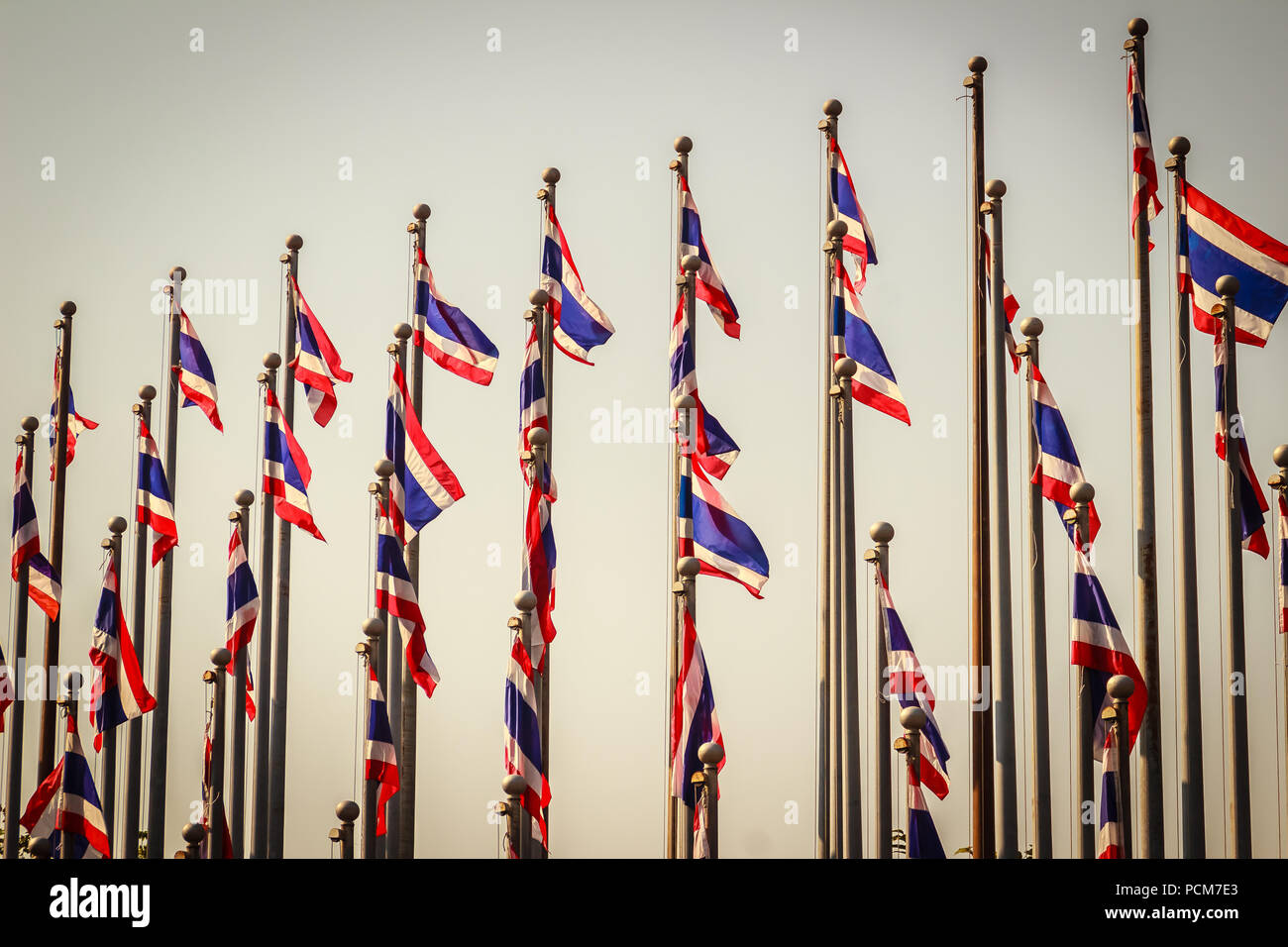 Beautiful view of Thai national flags on the poles at the Queen Sirikit ...