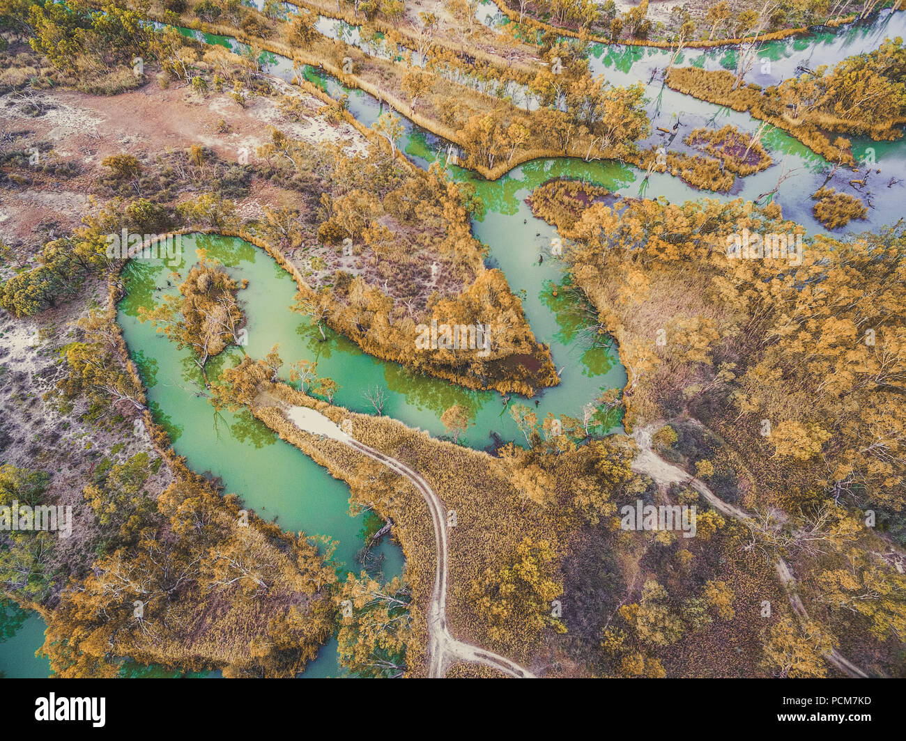 Aerial view of beautiful winding Murray River among small islands of ...