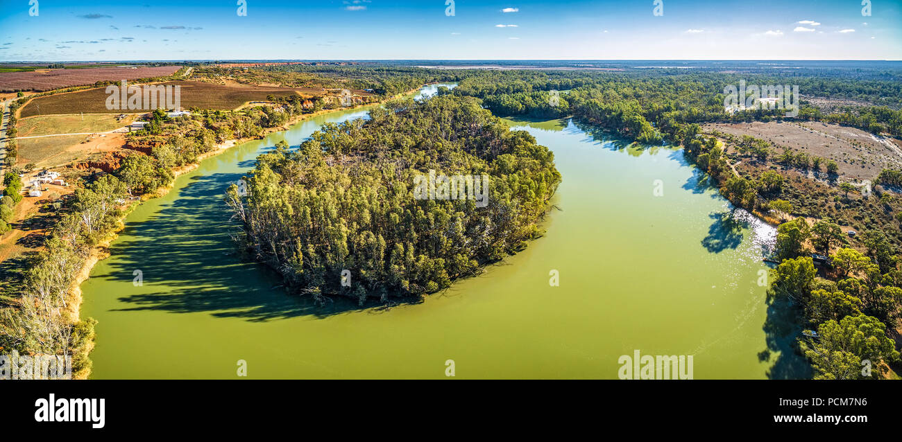 Aerial panorama of a beautiful bend of the Murray River on bright sunny ...