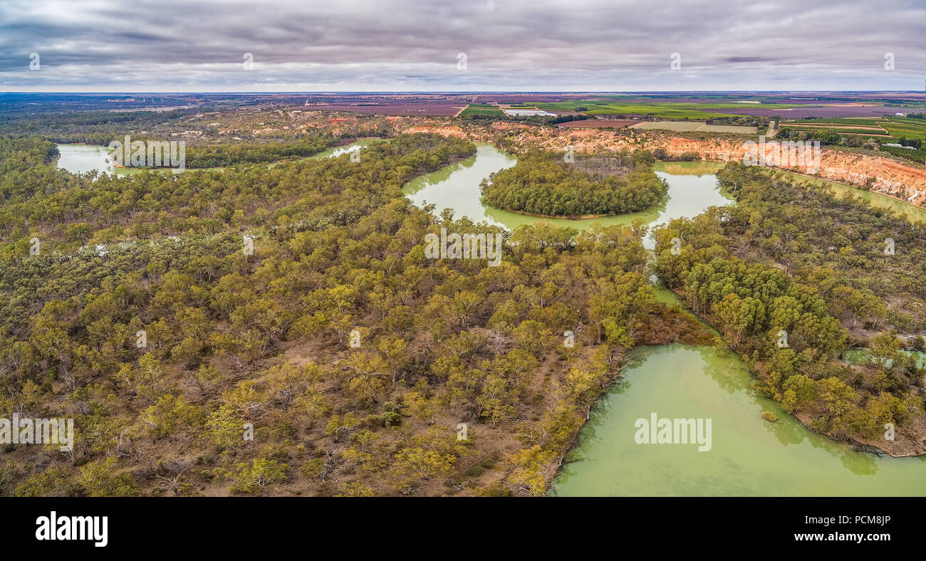 Aerial panoramic landscape of Murray River in Riverland region of South ...