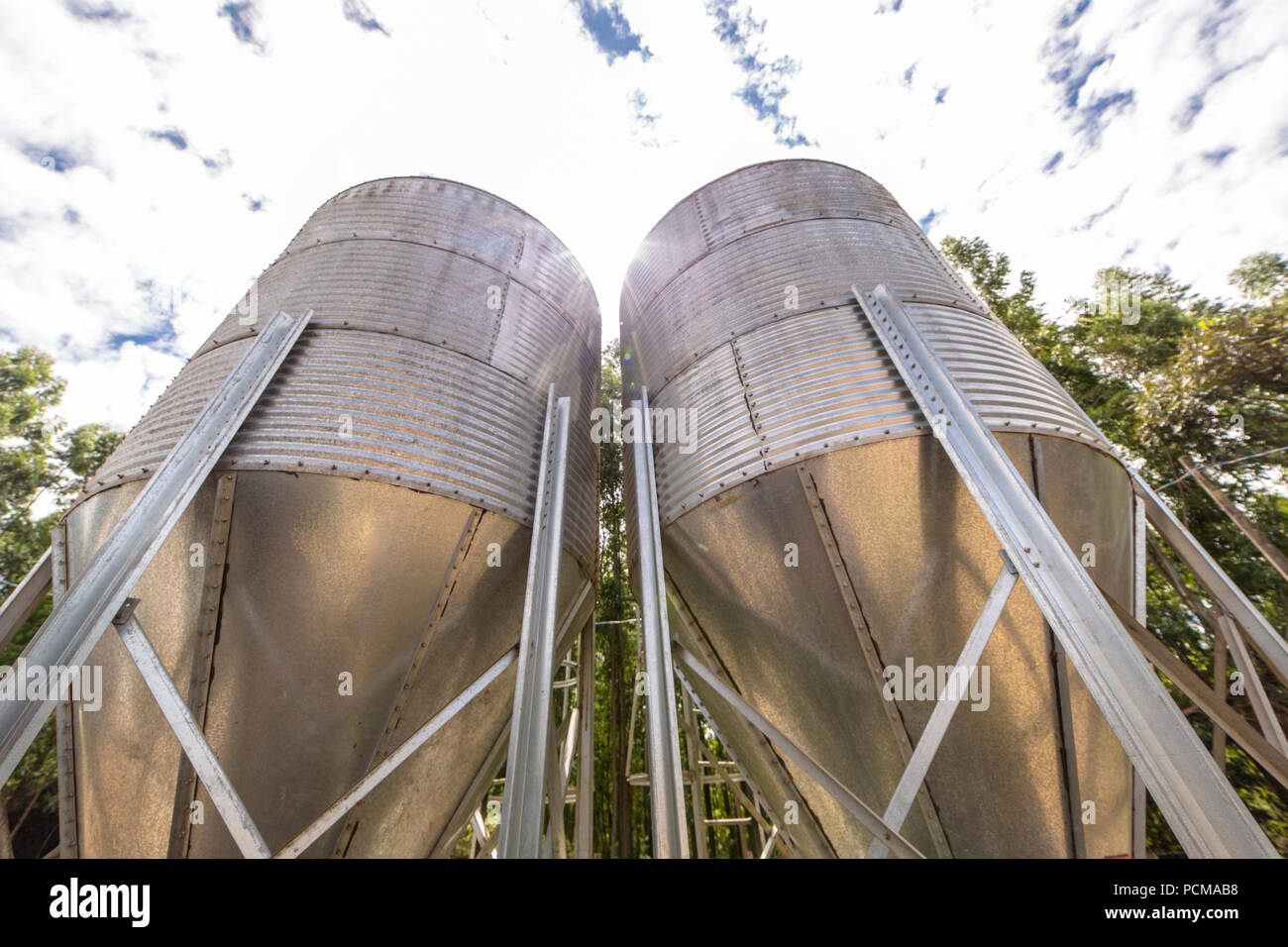 Two metal tower silos (for storing bulk materials) of the industrial ...