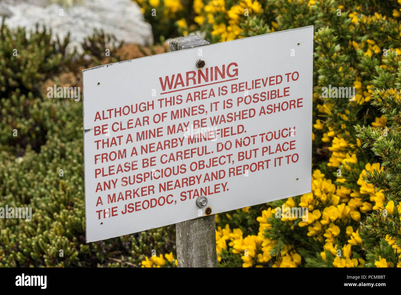 Warning sign about landmines near Stanley in the Falklands Stock Photo ...