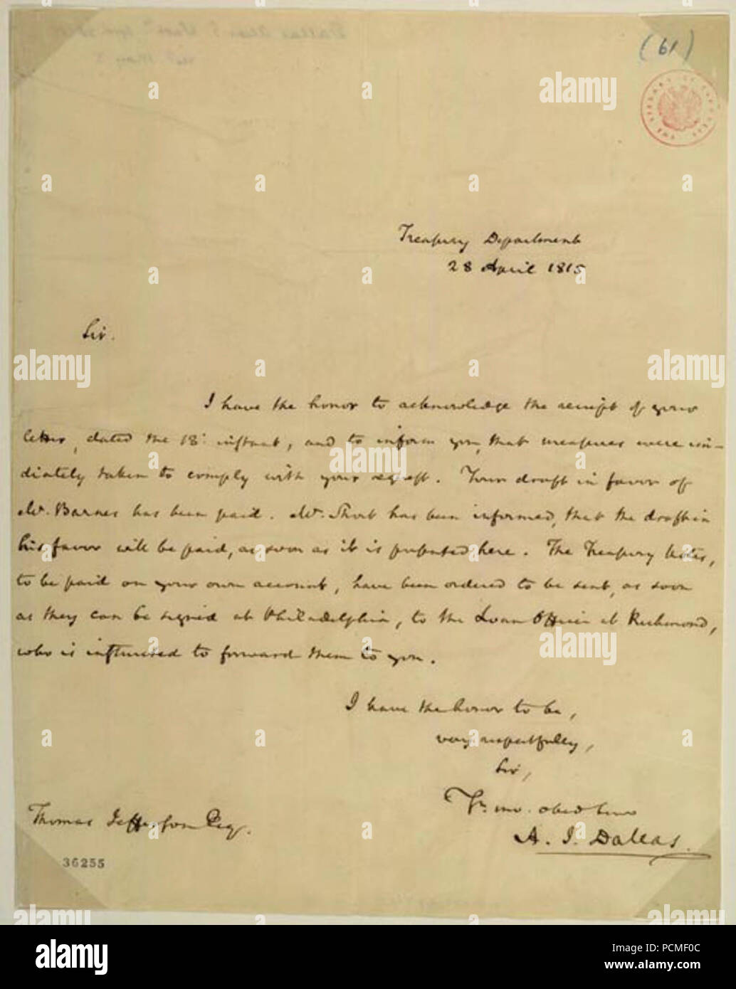 Alexander James Dallas to Thomas Jefferson, April 28, 1815, Manuscript ...