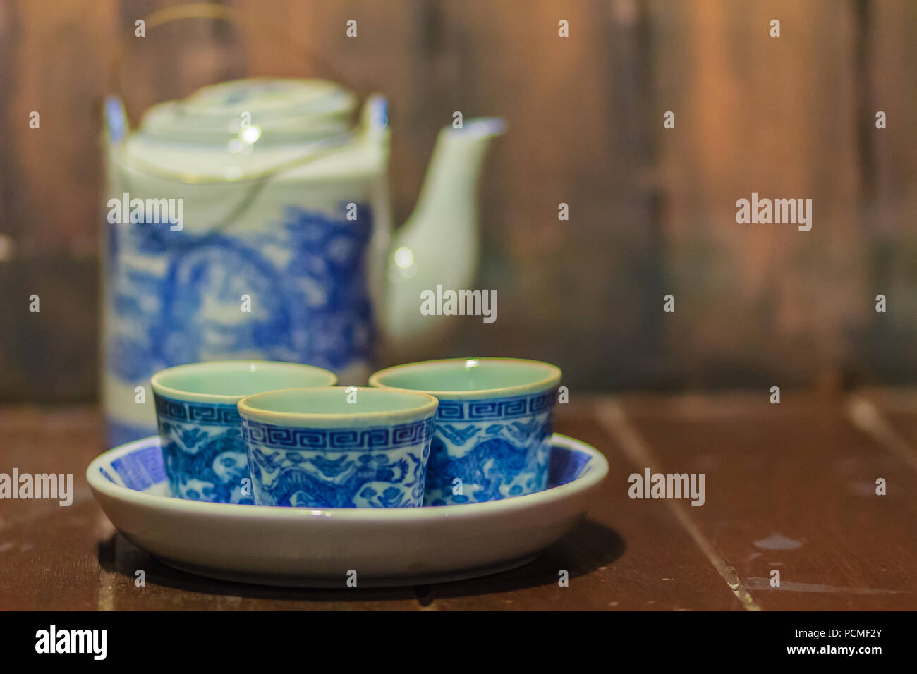 Vintage collection of blue porcelain tea set with teapot and teacups ...