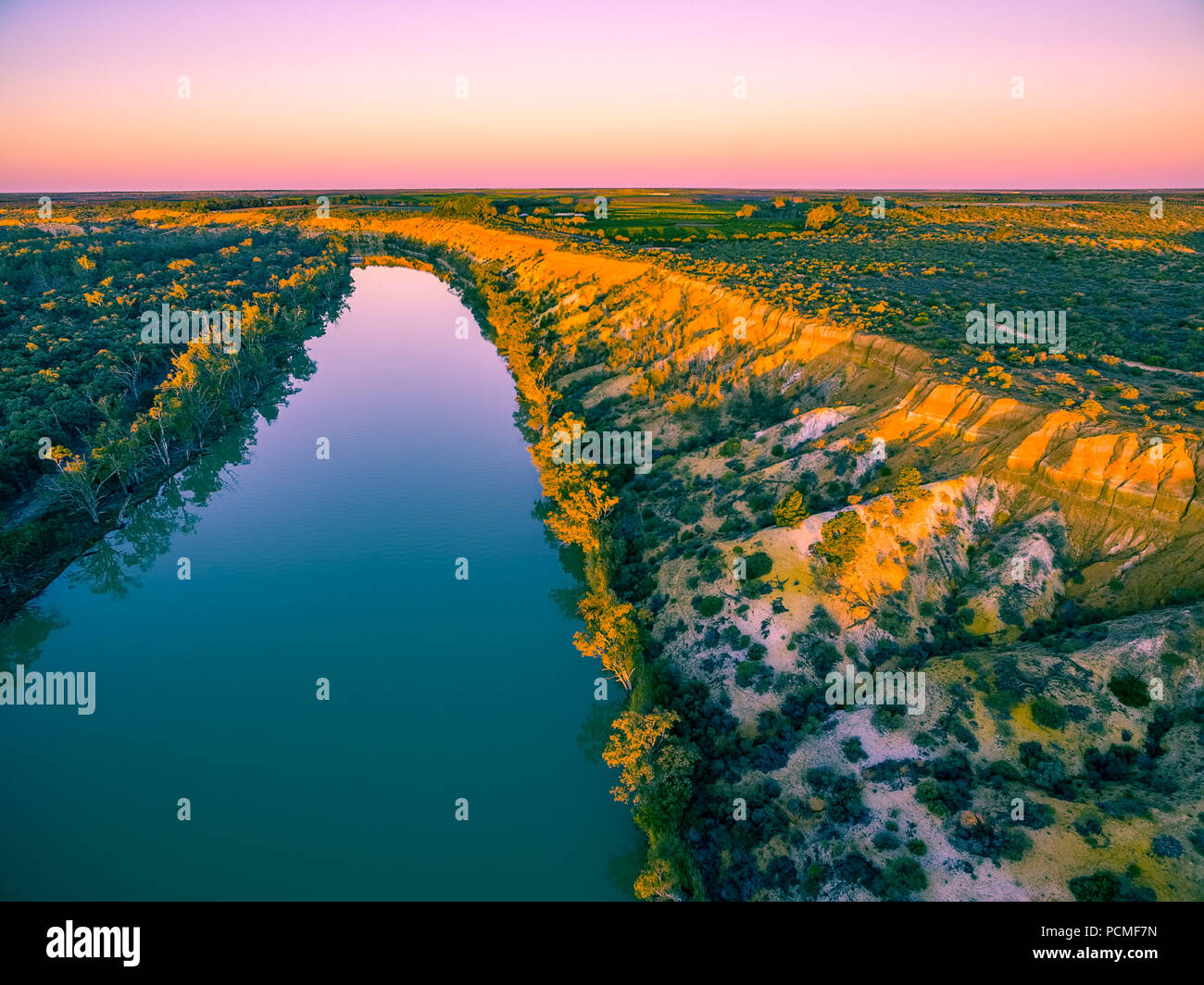 Aerial view of sandstone cliffs and Murray RIver at sunset Stock Photo ...