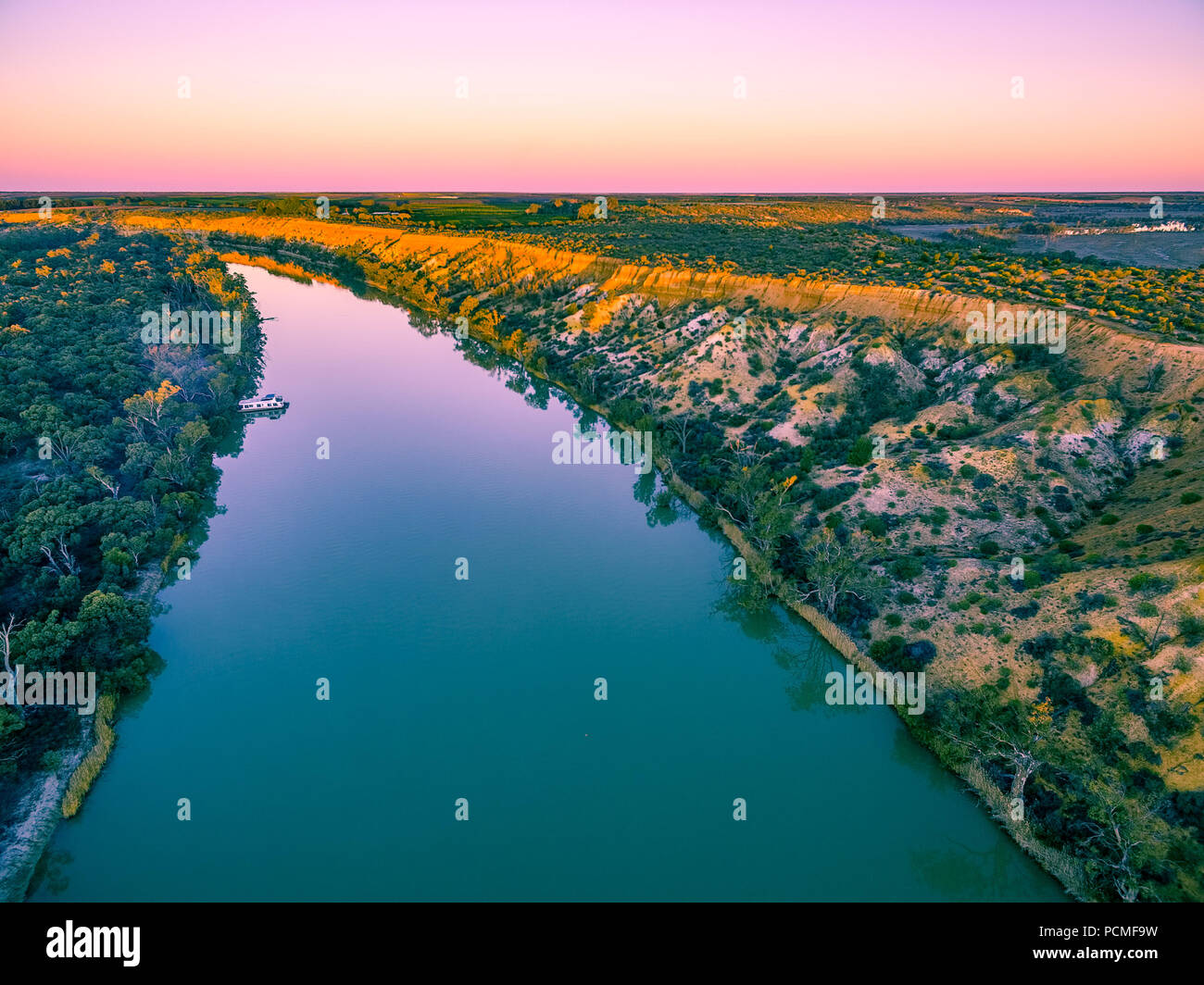 Aerial landscape of sandstone cliffs and Murray RIver at sunset Stock ...