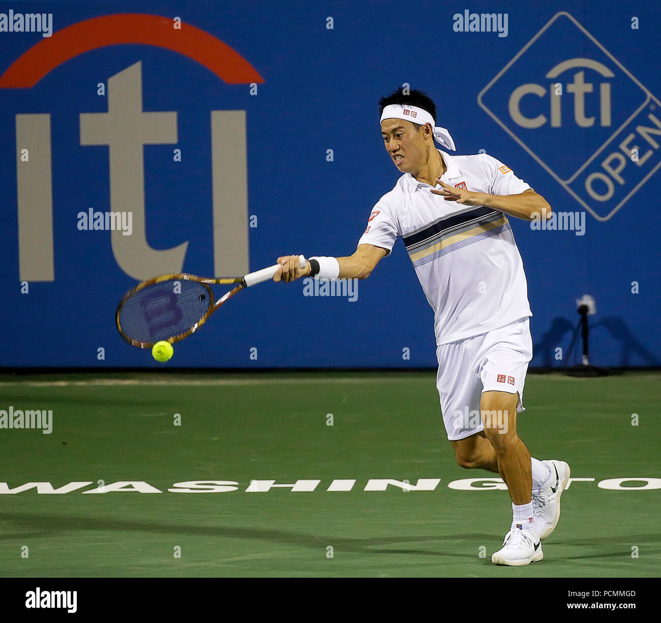 Washington DC, USA. August 2, 2018: Kei Nishikori plays a forehand shot ...