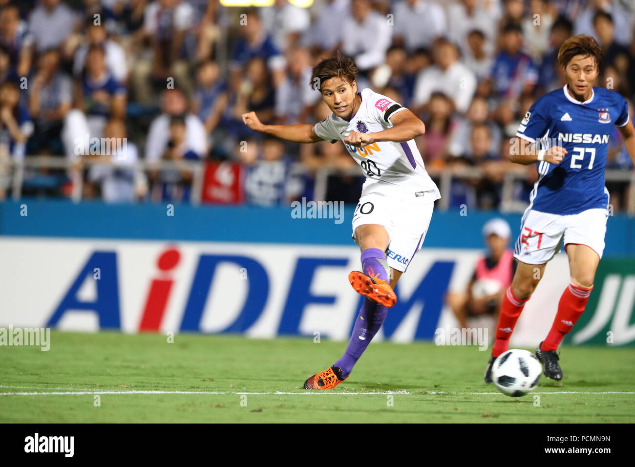 Kanagawa, Japan. 1st Aug, 2018. Daiki Watari (Sanfrecce), Ken Matsubara ...
