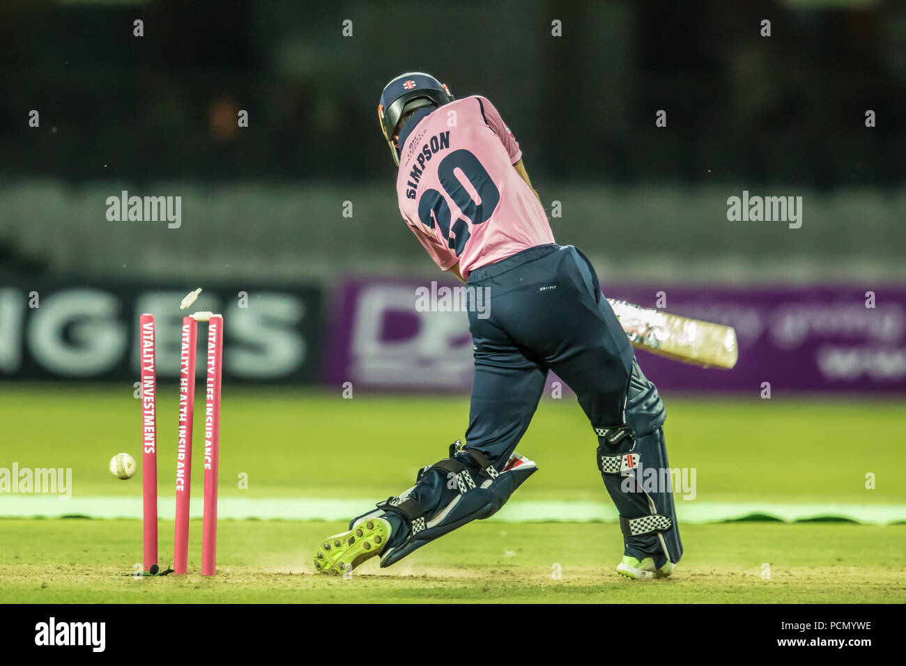 London, UK. 2 August, 2018. John Simpson is bowled by Archer batting ...