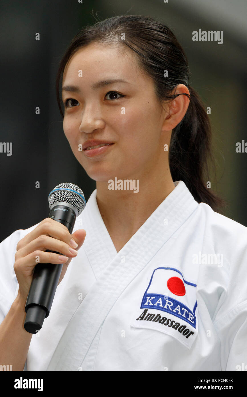 Japanese Karate athlete Rika Usami speaks during the opening ceremony ...