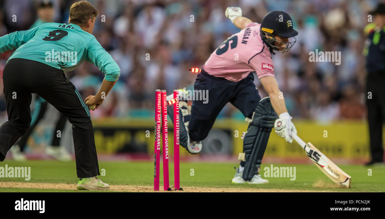 London, UK. 3 August, 2018. Eoin Morgan is run out after some good ...