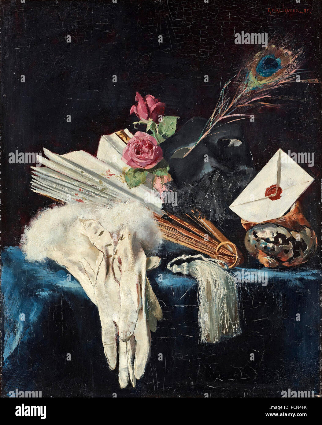 Alf Wallander-Stilleben med solfjäder, rosor och påfågelsfjäder Stock ...