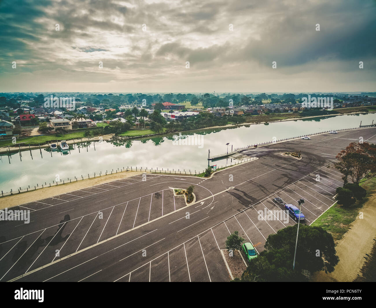 Aerial view of Patterson river and suburbia on overcast day. Melbourne ...