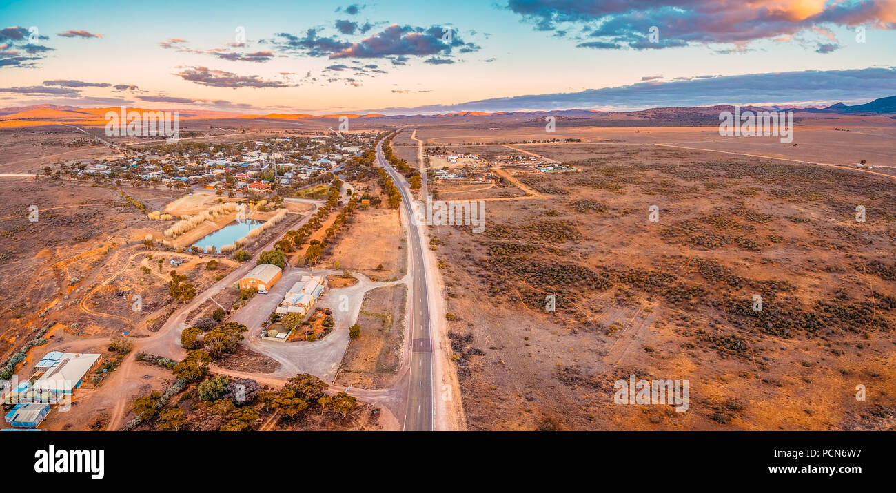 Aerial panorama of Hawker at sunset - small town in South Australia ...