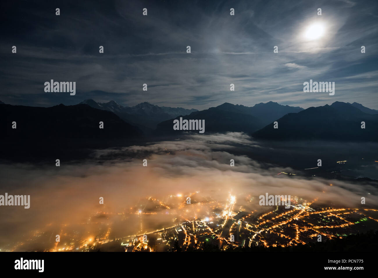 Interlaken city seen at night from Harder Kulm view point, Interlaken ...