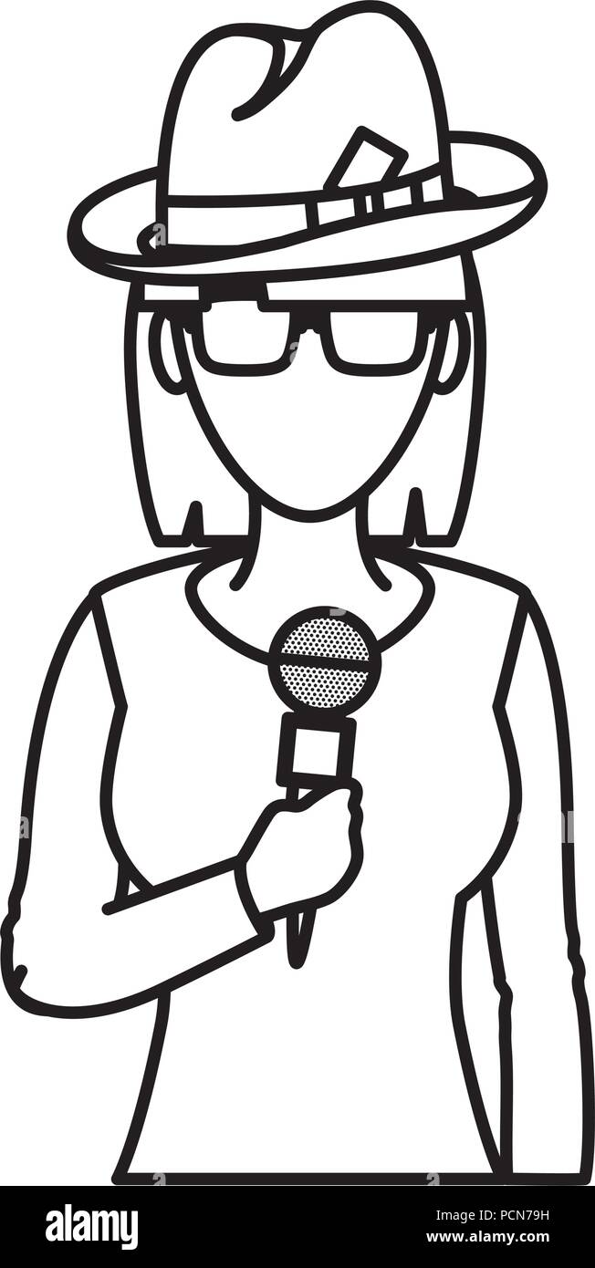 line woman reporter news with hat and microphone Stock Vector Image ...