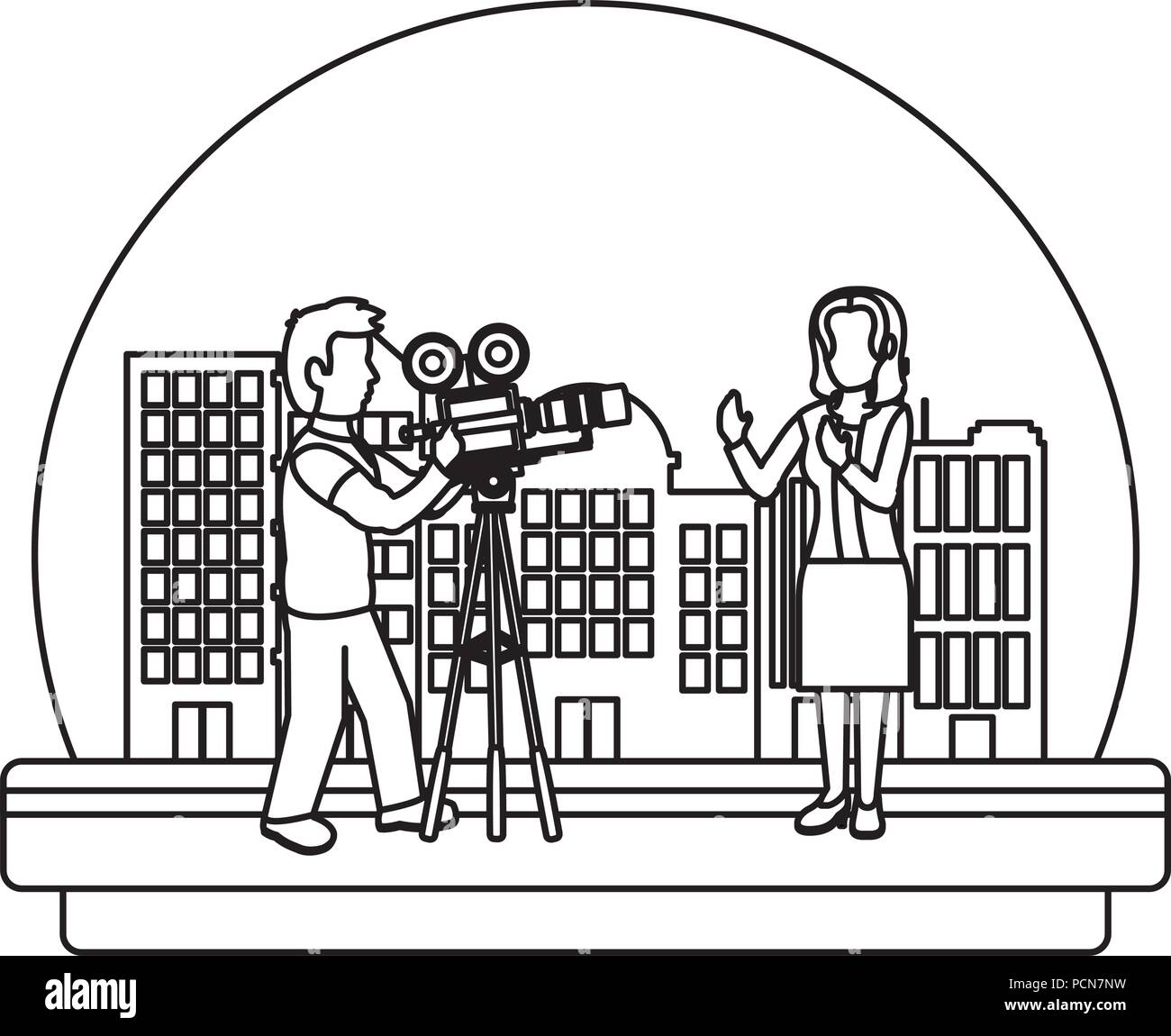 line professional cameraman film to woman reporter Stock Vector Image ...
