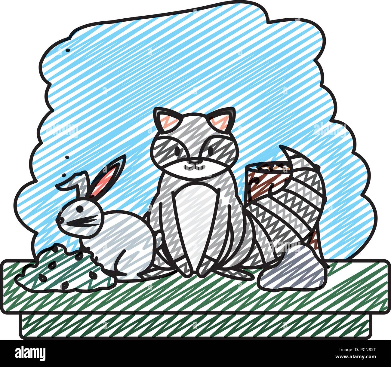 doodle rabbit and raccoon wild animals in the forest Stock Vector Image ...