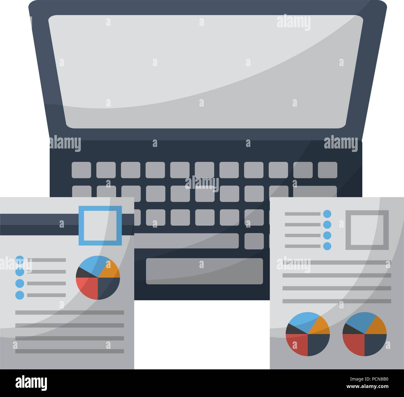 laptop office documents graphs report business vector illustration ...