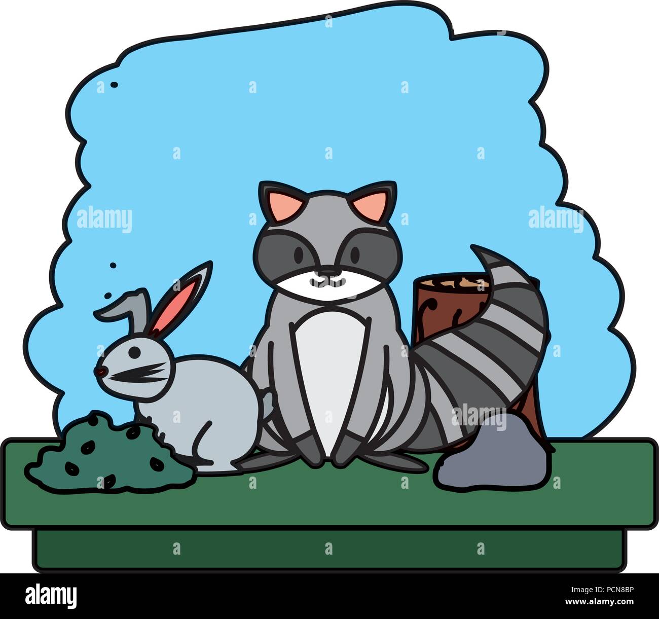 color rabbit and raccoon wild animals in the forest Stock Vector Image ...
