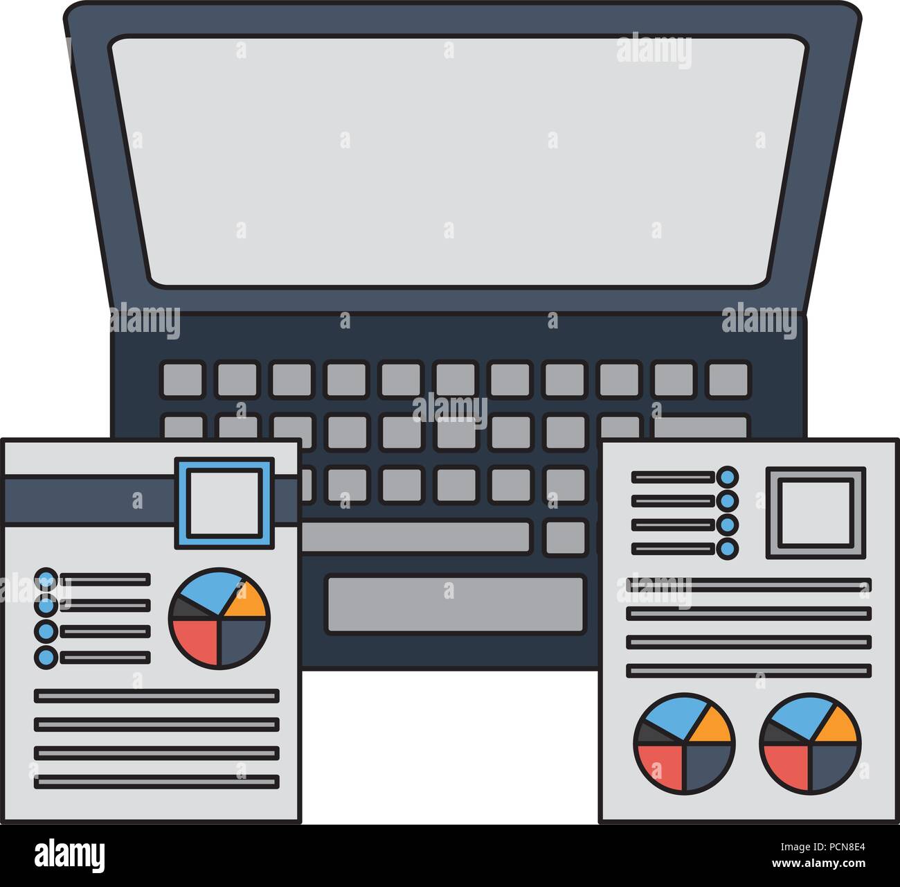 laptop office documents graphs report business vector illustration ...
