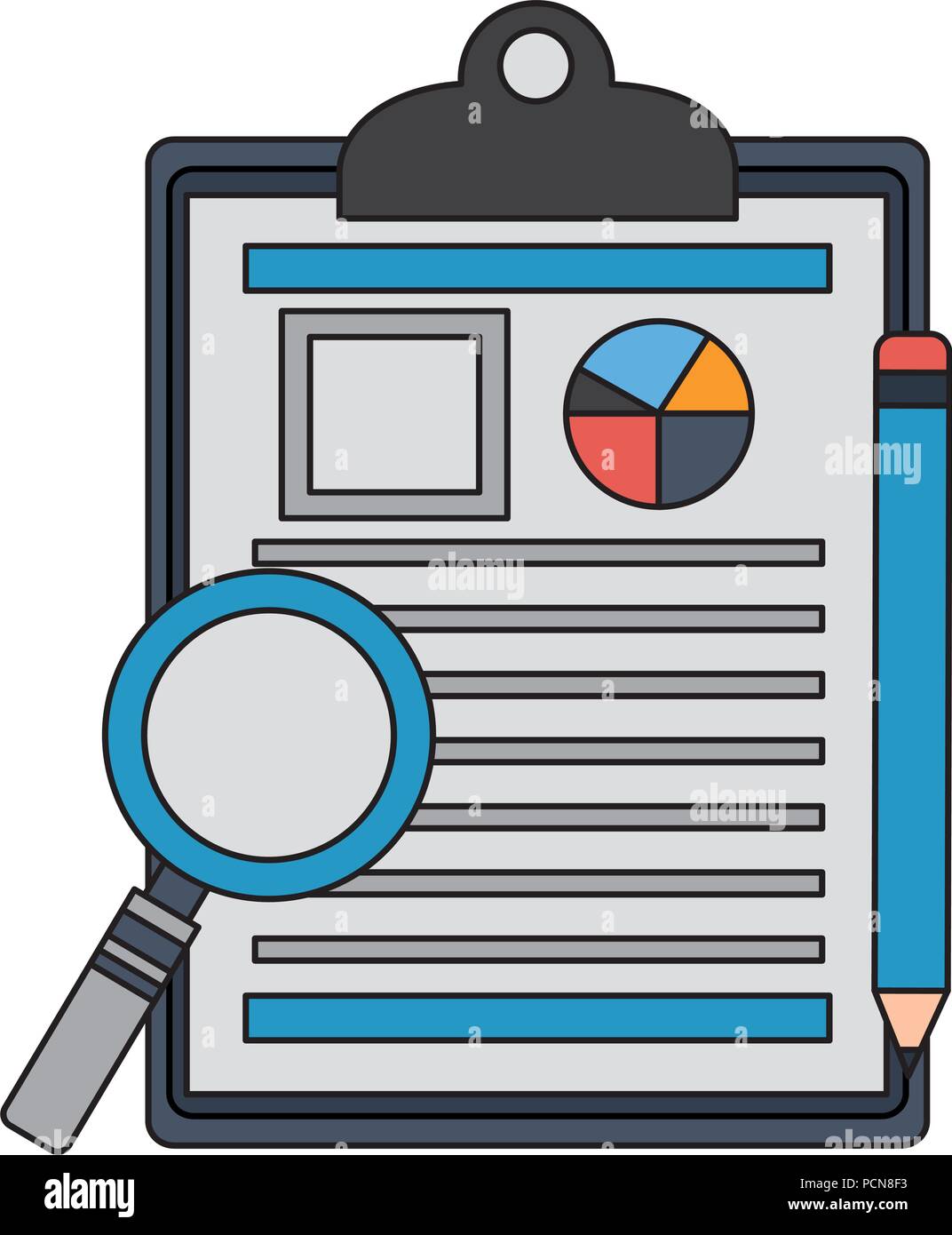office clipboard report magnifying glass and pencil vector illustration ...