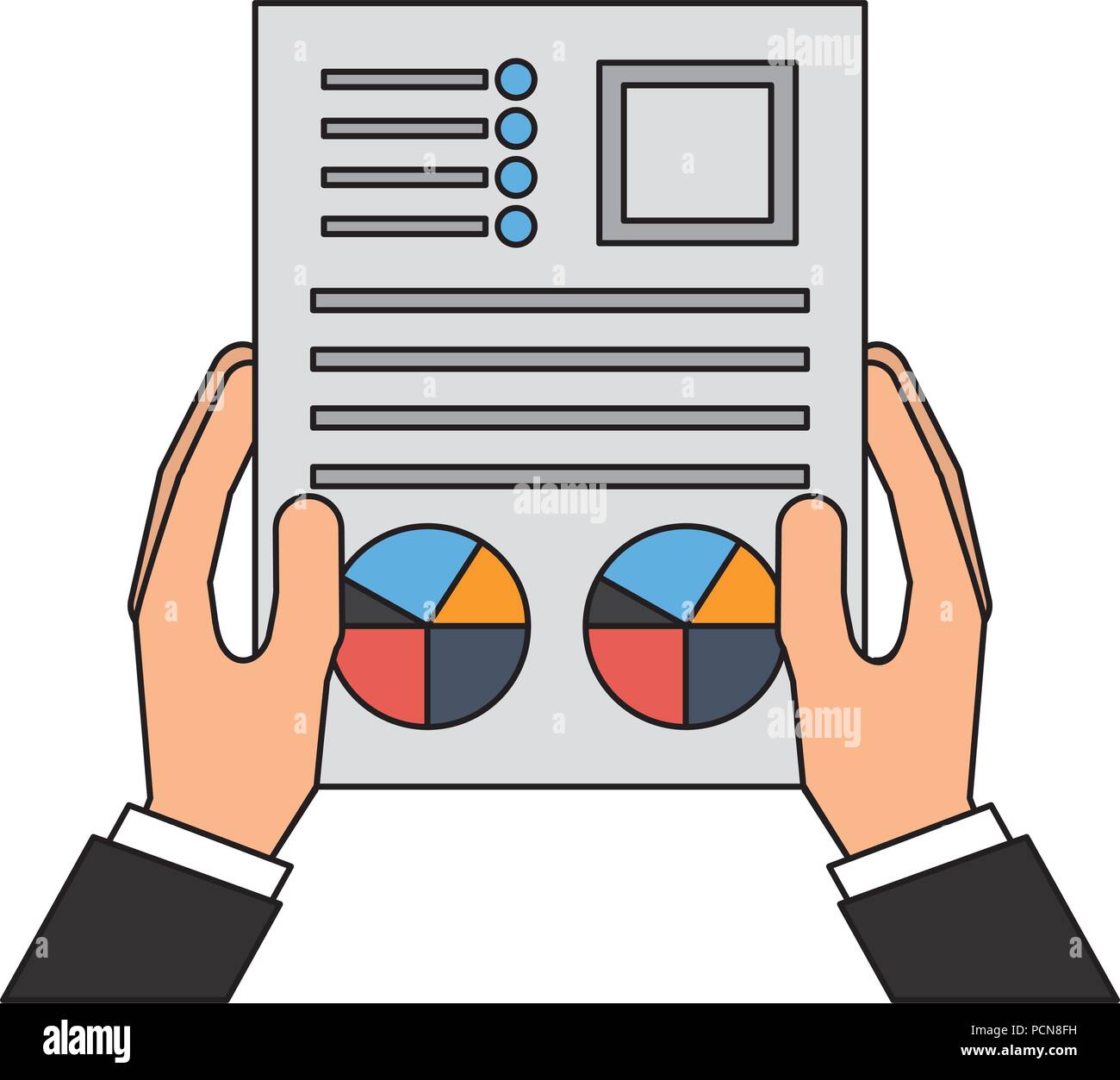 business man hand holding paper documents report vector illustration ...