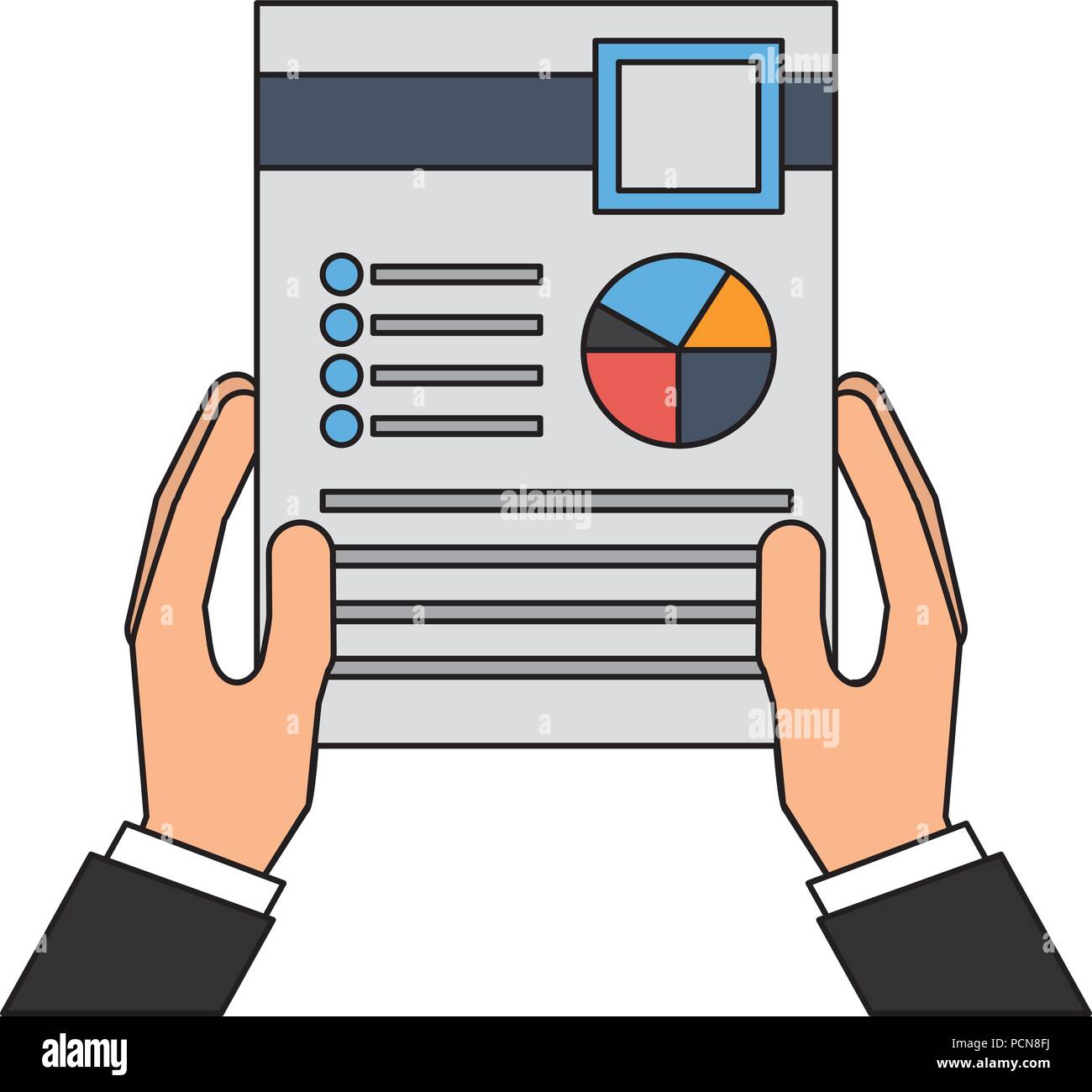 business man hand holding paper documents report vector illustration ...