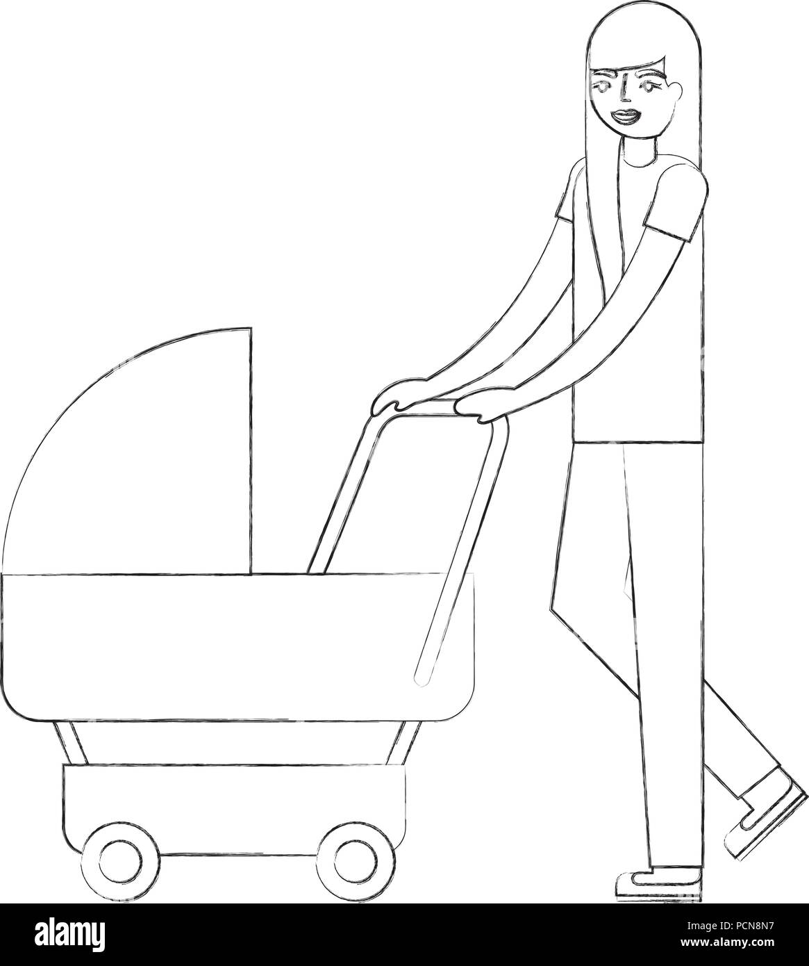 mother walking with pram baby vector illustration hand drawing Stock ...