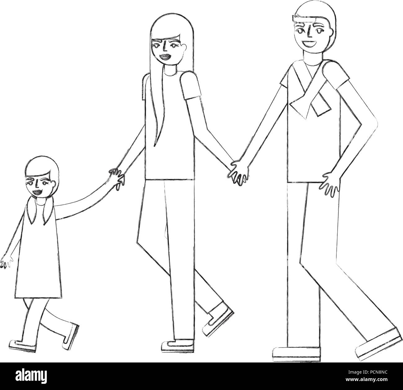 dad mom and daughter holding hands walking vector illustration hand ...