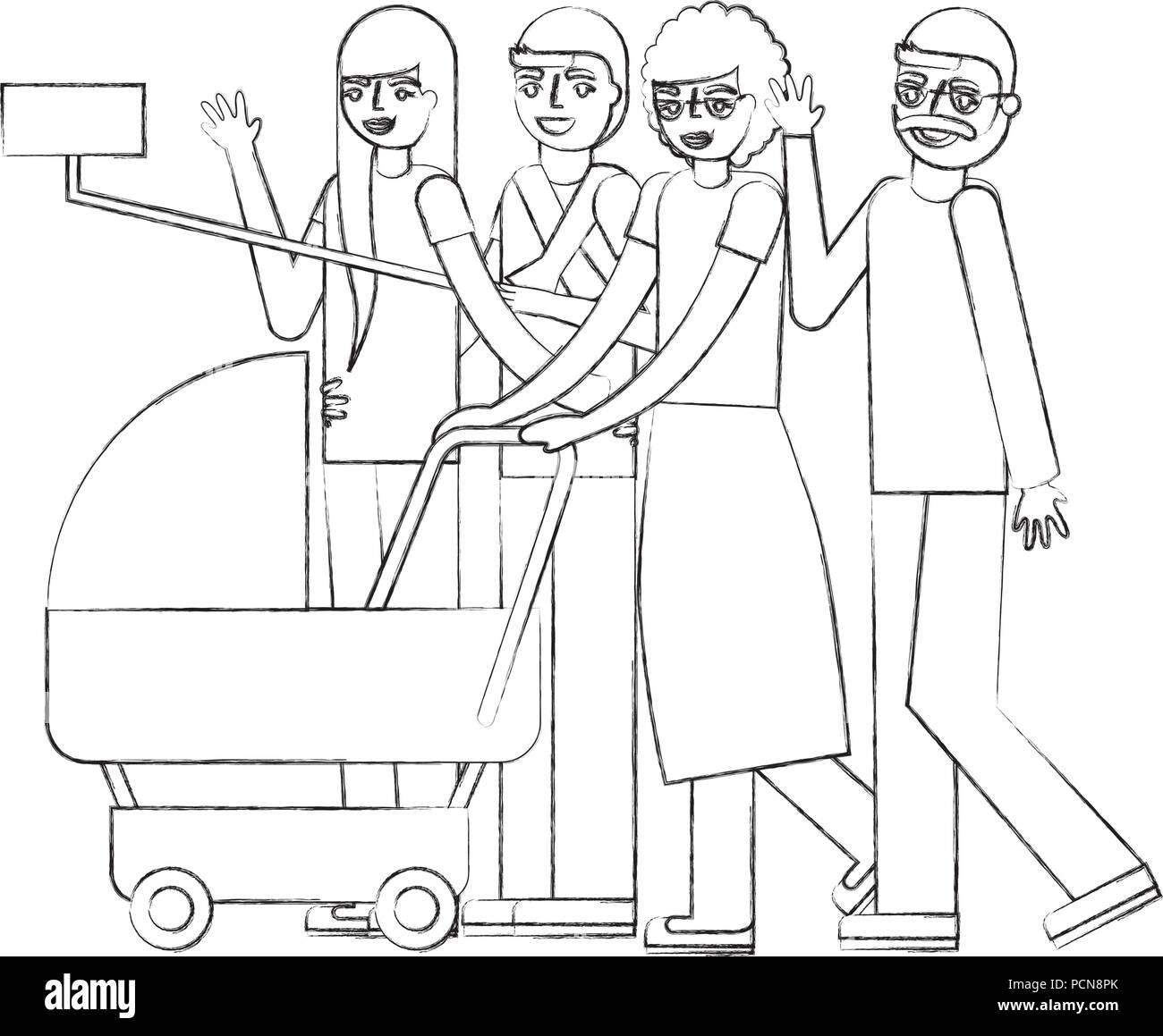 grandparents and parents with pram baby making selfie vector ...