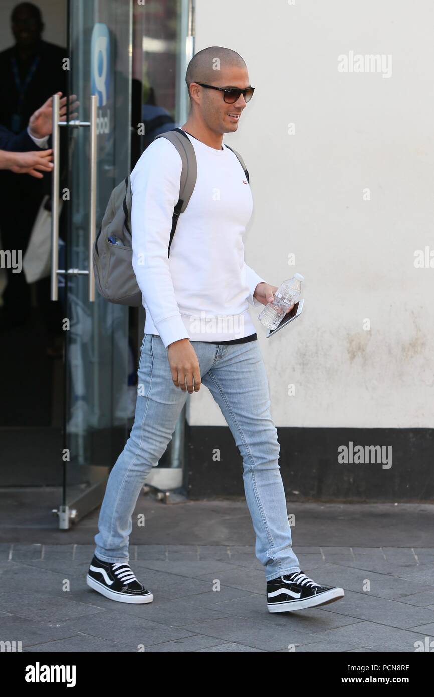 Max George seen at Global studios for radio interviews Featuring: Max ...