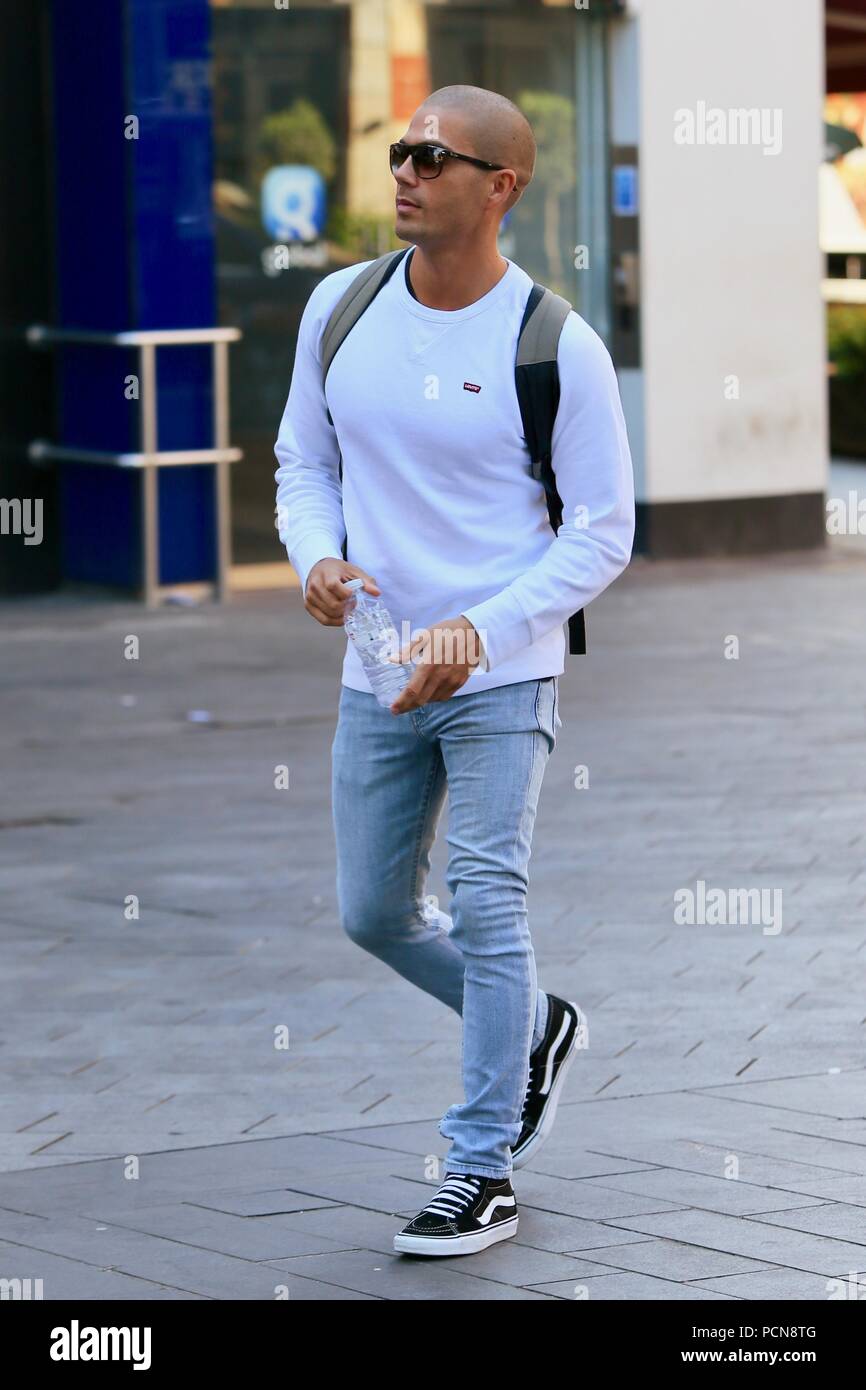 Max George seen at Global studios for radio interviews Featuring: Max ...