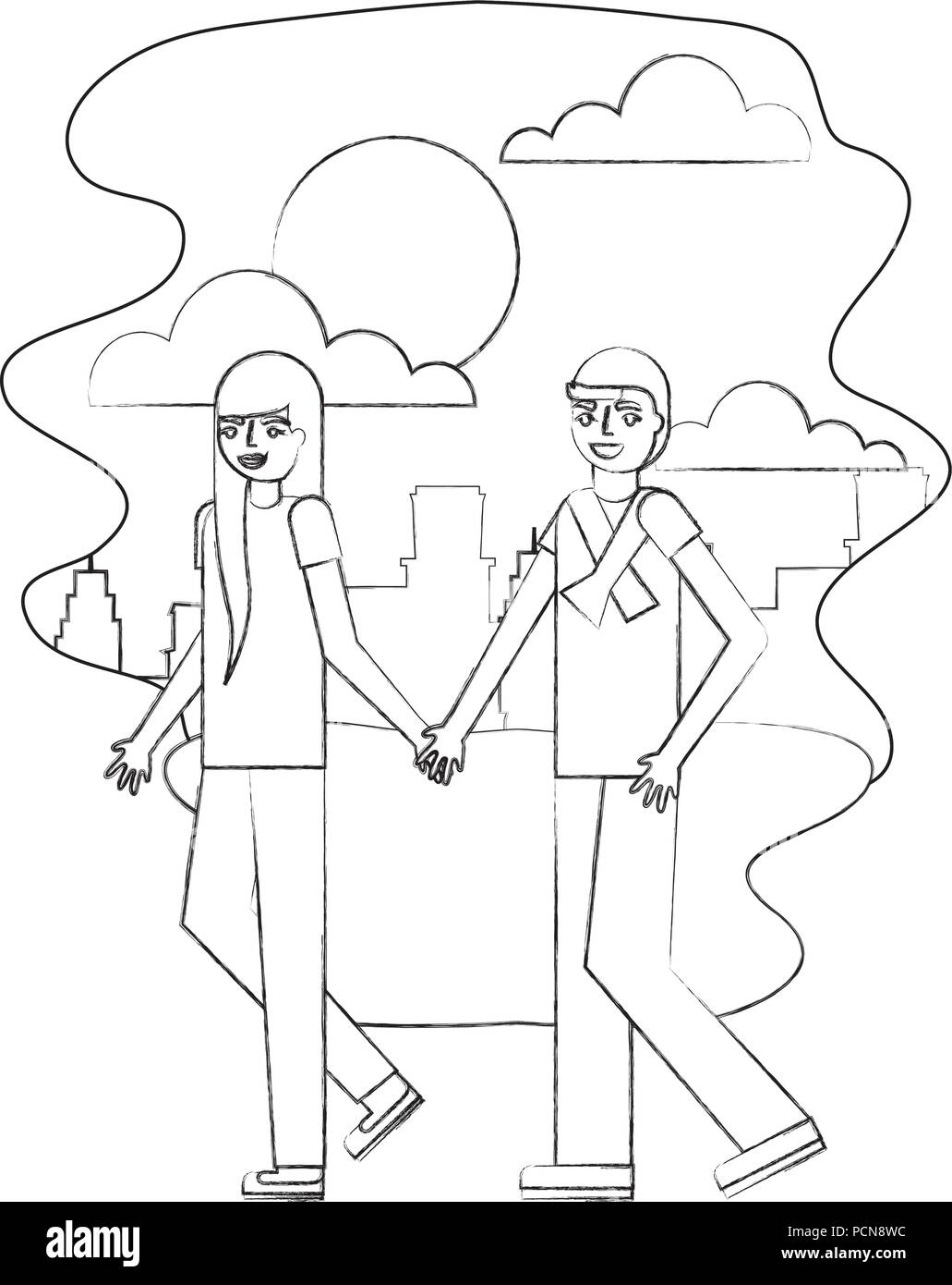 Couple Holding Hands Walking Drawing