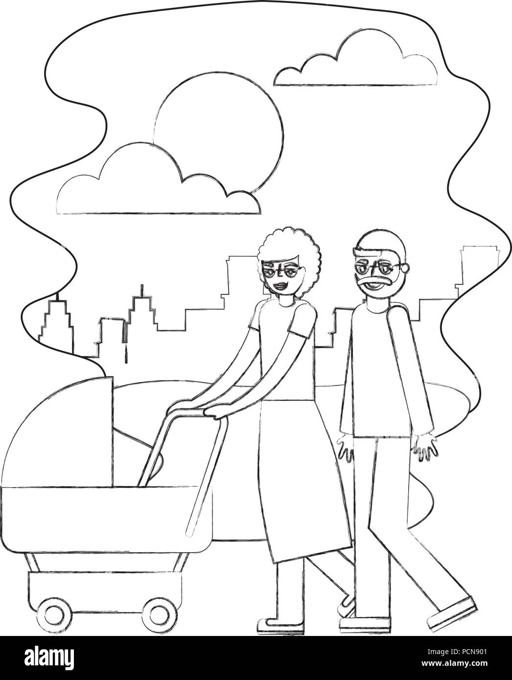 grandfather and grandmother with pram baby in the park city vector ...