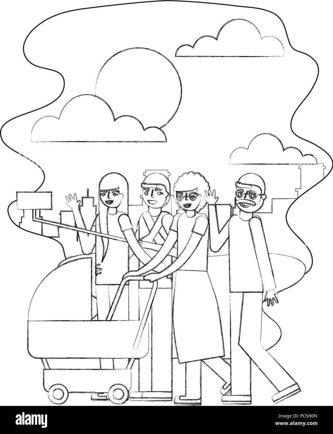 grandparents and parents with pram baby making selfie vector ...