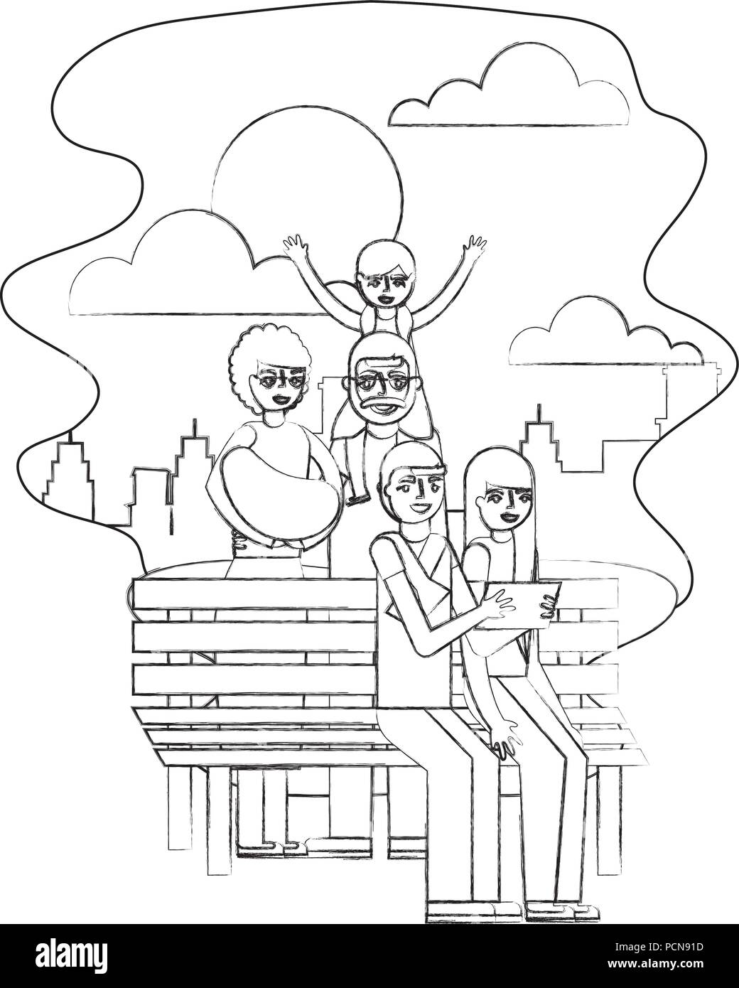 family making selfie sitting on bench vector illustration hand drawing ...