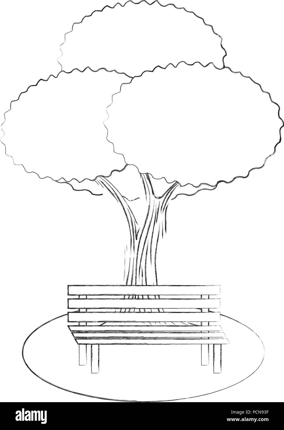 leafy tree foliage nature and bench park vector illustration hand ...