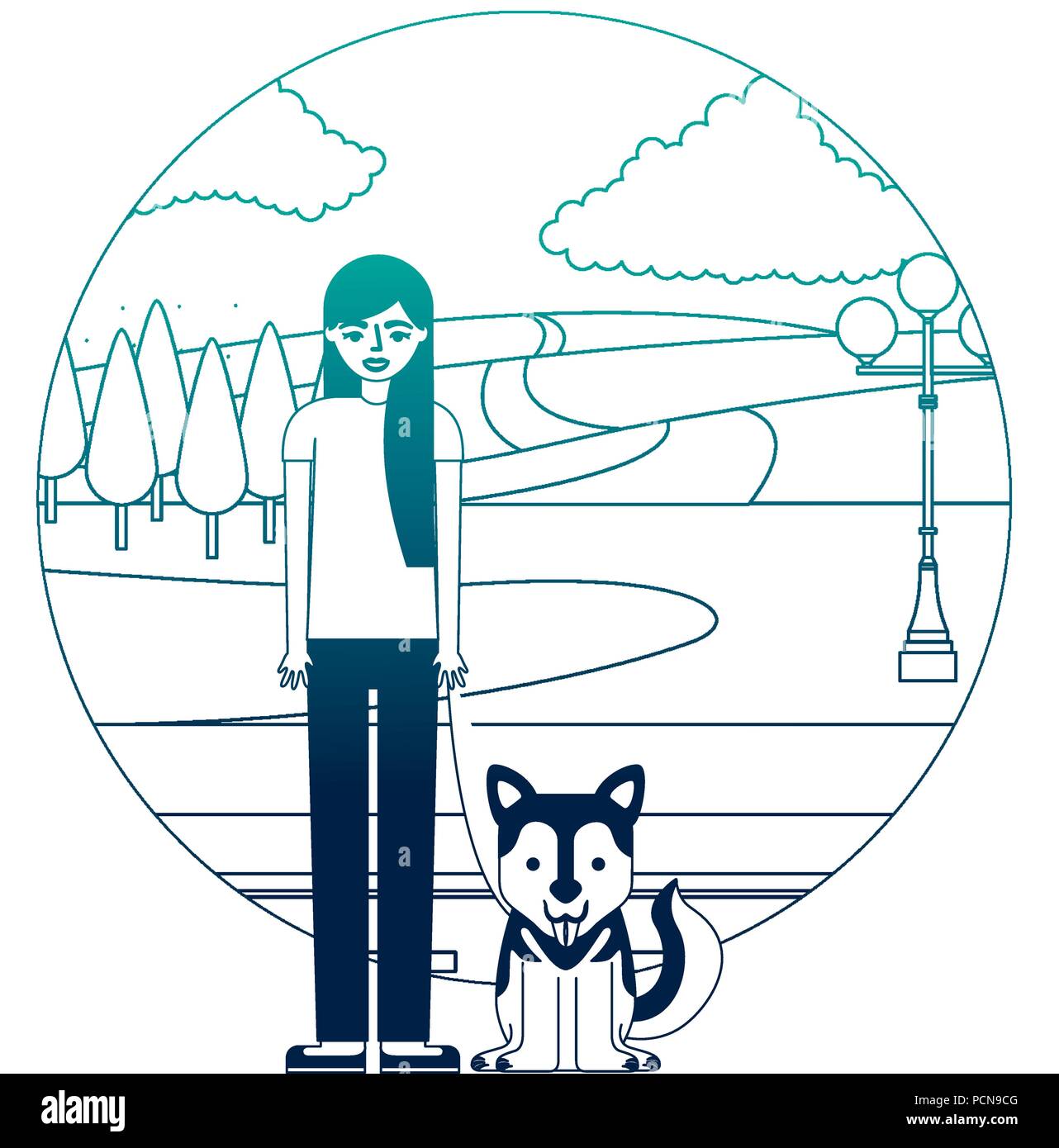 woman standing with siberian dog in the street park vector illustration ...